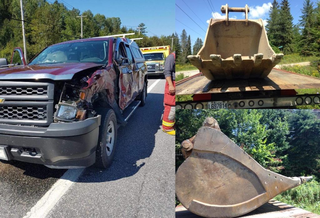 Excavator bucket falls off trailer, hits pick-up | CityNews Ottawa