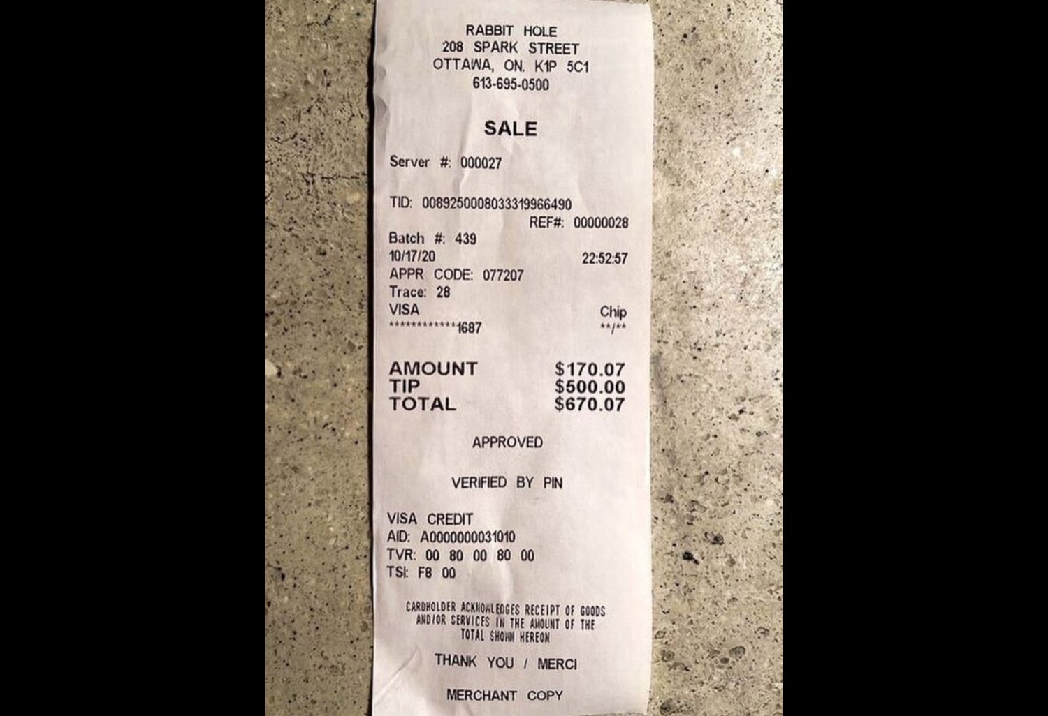 Ottawa downtown restaurant Rabbit Hole gets $500 tip over weekend