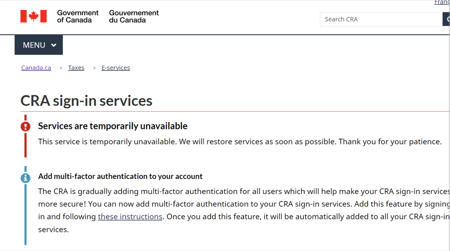 Cybersecurity threat forces CRA website offline