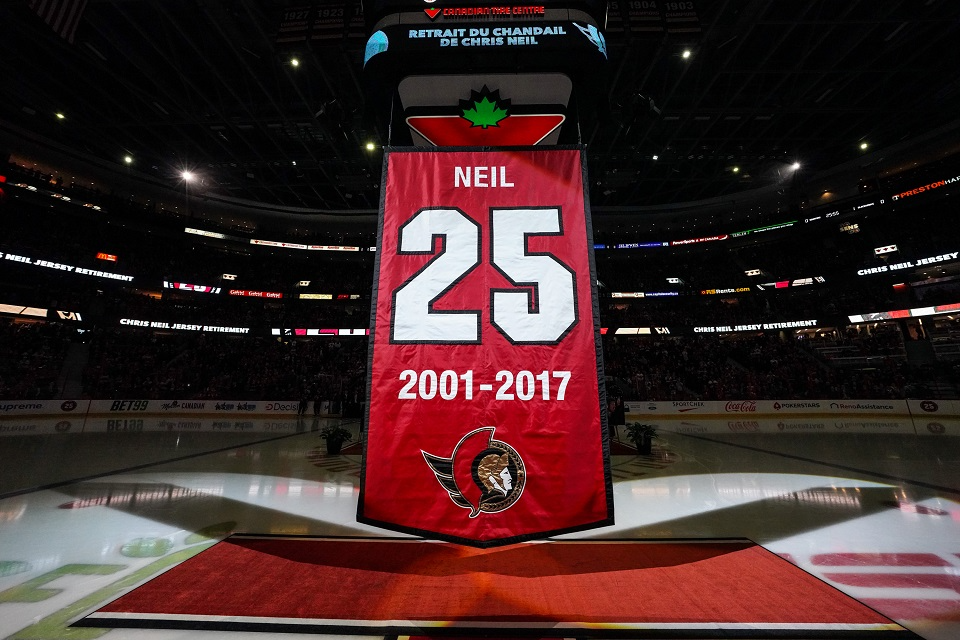 Chris Neil expresses tears of joy as Senators raise his number 25 to ...